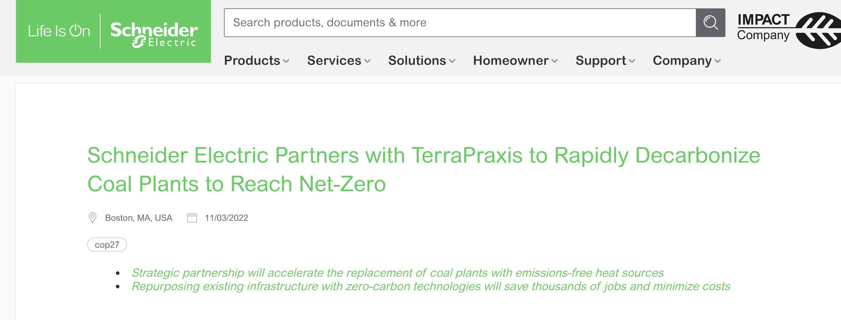 SCHNEIDER ELECTRIC PARTNERS WITH TERRA PRAXIS TO RAPIDLY DECARBONIZE COAL PLANTS TO REACH NET-ZERO